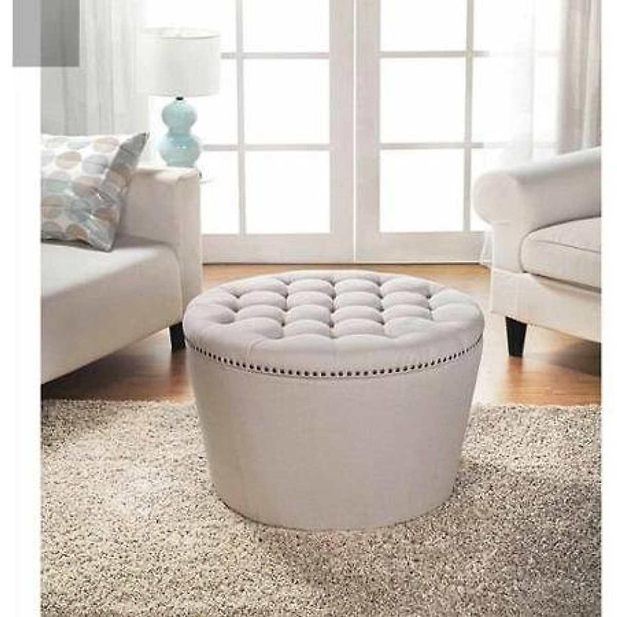 Stylish and Functional Better Homes and Gardens Round Tufted Storage Ottoman with Nailheadsa - (Cream)