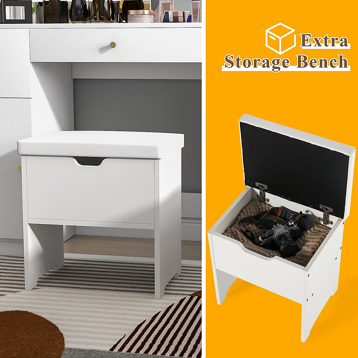 ClouDDwell Makeup Vanity Desk with Large Mirror and LED Lights, 3 Lighting Modes and Power Outlet. Makeup Vanity with 3 Drawers,2 Cabinets and Chair, Stool with Storage, for Bedroom, White, 1 Case