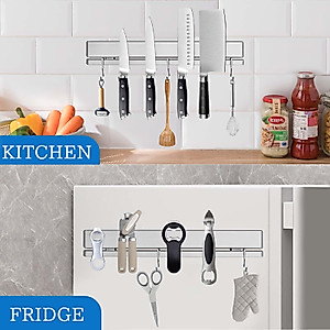 HomeSimplex 12 Inch Magnetic Knife Holder for Wall or Fridge with 6 Hooks No Drill - Adhesive Double Magnetic Knife Bar - Refrigerator Knife Magnetic Strip - 304 Stainless Steel Kitchen Utensil Holder