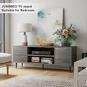 JUMMICO Mid-Century Modern TV Stand for 55/65 Inch TV, Entertainment Center with Storage Cabinet and Open Shelves, TV Media Cabinet for Living Room, Bedroom and Office (Light Gray, 65 Inches)