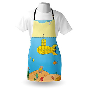 Ambesonne Yellow Submarine Apron, Cartoon Under Sea Adventure Jellyfish Treasure Chest Seagull Fish, Unisex Kitchen Bib with Adjustable Neck for Cooking Gardening, Adult Size, Yellow and Blue