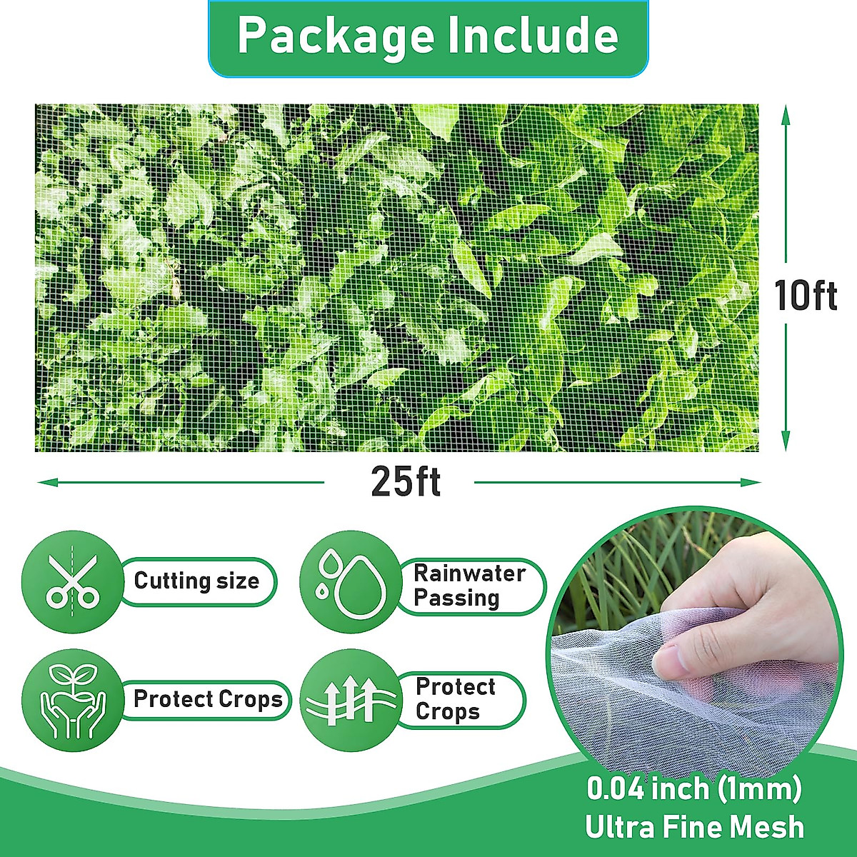 GonLei 10x25FT Garden Mesh Netting Kit Raised Beds (6 Pcs Garden Hoops & 18 Clips) Garden Hoops Plant Row Covers Netting Protection Berry Bush Trees Grass Seed Barrier Net