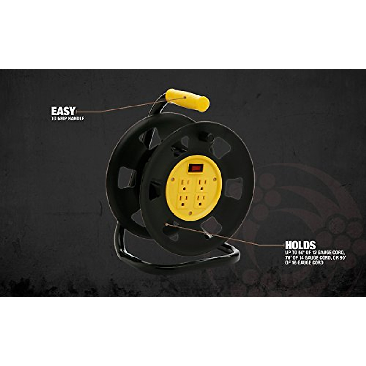 Designers Edge E230 Extension Cord Storage Reel; Multi-Outlet Adapter; Black/Yellow