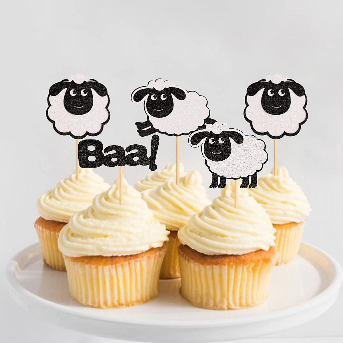 Ercadio 24 Pack Sheep Cupcake toppers Black Glitter Farm Animals Cupcake Picks Sheep Baa Cupcake Decors Sheep Theme Baby Shower Birthday Party Supplies