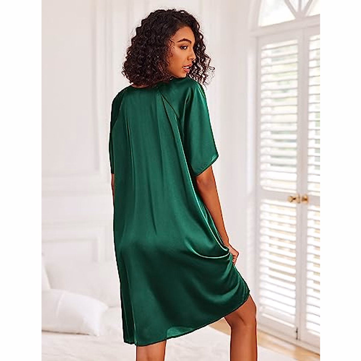 Ekouaer Silk Night Gown for Women Satin Night Shirts for Sleepwear Short Sleeve Pj Dress Soft Lounge Dress (Dark Green, M)