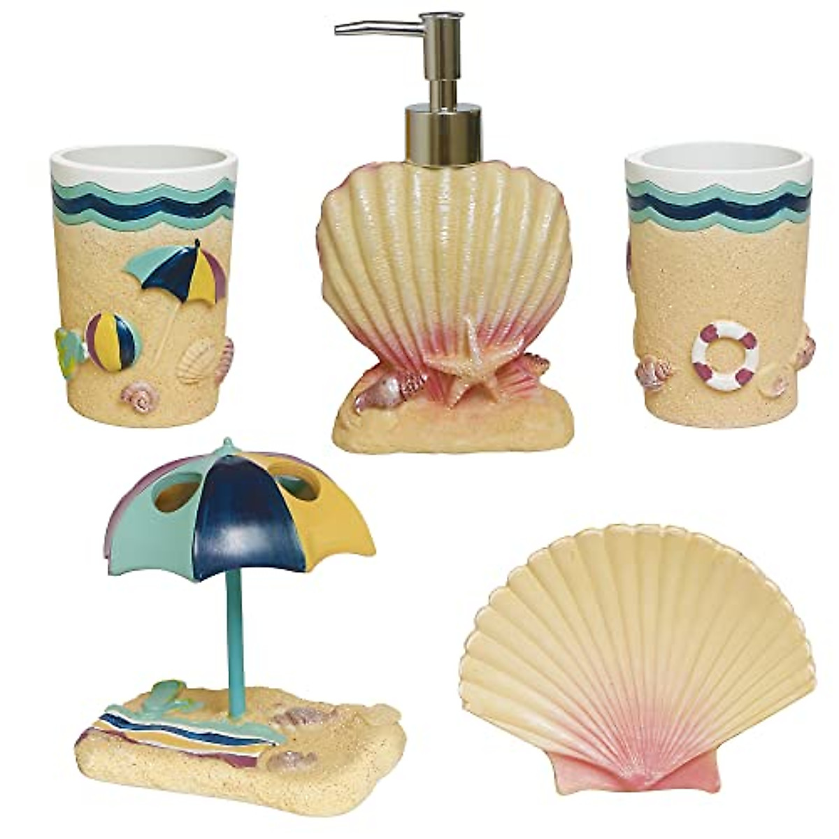Seaside Beach Bathroom Accessories Set, Vanity Decor for Kids, Set of 5 Including with 2 Cups, 1 Toothrush Holder, 1 Soap Dispenser and 1 Soap Dish, Decorative with Starfish and Conch