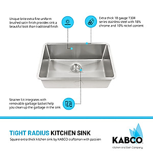 KABCO 18 Gauge 27 Inch Single Bowl Undermount Stainless Steel Kitchen Sink, Rust Resistant Sound and Heatproof Laser Cut Tight Radius SInk for Indoor or Outdoor Kitchens