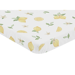 Sweet Jojo Designs Lemon Floral Girl Fitted Mini Crib Sheet Baby Nursery For Portable Crib Pack and Play Yellow Green Beige White Watercolor Boho Bohemian Farmhouse Fruit Flower Blossom Botanical Leaf