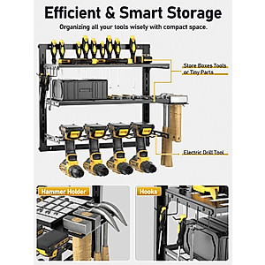 Power Tool Organizer Wall Mount, Tool Storage Rack with 4 Drill Holder, Tool Holder Bears 35lbs, Tool Shelf with Screwdriver, 3-Tier Adjustable Height Tool Rack for Garage Organization and Workshop