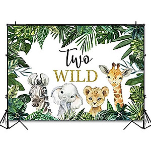 Avezano Two Wild Backdrop for Boy Birthday Party Jungle Safari Animals Zoo Green Leaves Photography Background Two Wild Boy 2nd Second Birthday Party Photoshoot Decoration Banner (7x5ft)
