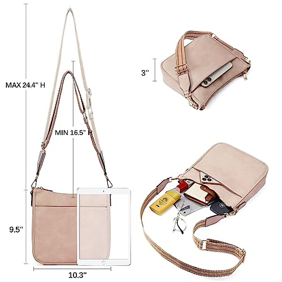 BOSTANTEN Crossbody Bags for Women Trendy Vegan Leather Hobo Purses Shoulder Handbags With Wide Shoulder Strap Pink