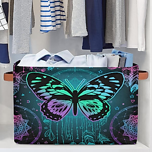 Aesthetic Butterfly Rectangular Nursery Closets Storage Baskets with Handles, Girls Mandala Canvas Collapsible Organizer Bin Bag for Home Office Bedrooms Dorm