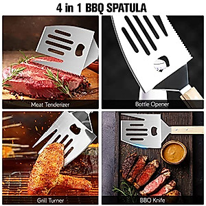 BBQ Grill Tools Set, Outerman 10Pcs Stainless Steel Grilling Tools Kit Gifts for Men & Women, Grilling Utensils Set with Long Oak Handle and Storage Apron for Outdoor Camping Backyard Barbecue