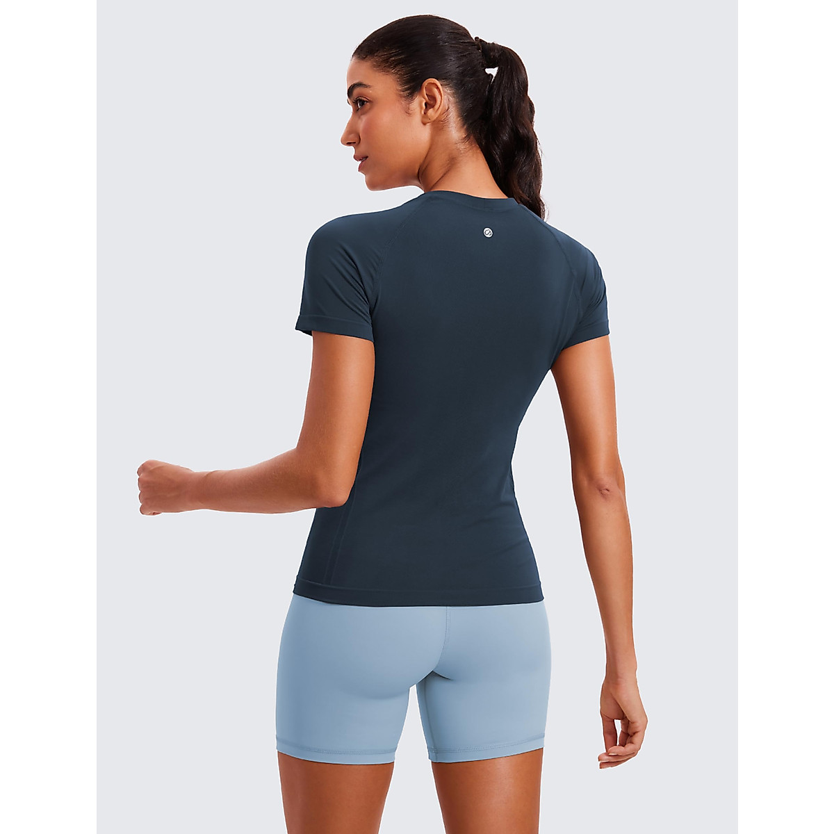 CRZ YOGA Seamless Workout Tops for Women Short Sleeve Athletic Tees Breathable Gym Running Yoga Shirts Twilight Blue Medium