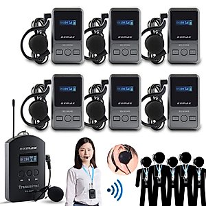 EXMAX EX-200N UHF Wireless Tour Guide System Hands-free Transmitter Receiver 200 Channels for Church Translation, City Museum Tour, Equestrian Training, hajj - 1 Transmitter & 6 Receivers