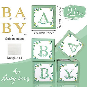 DataMoon 125PCS Sage Green Baby Shower Decorations - Retro Green and Gold Balloons Different Sizes, Green Baby Backdrop and Sage Green Baby Boxes for Gender Reveal, Birthday, Woodland Jungle Party