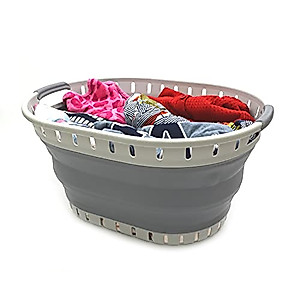 SAMMART 25L (6.6 gallon) Collapsible Plastic Laundry Basket - Foldable Pop Up Storage Container/Organizer - Portable Shopping Basket - Space Saving Hamper (Oval set of 2, Dark Grey)
