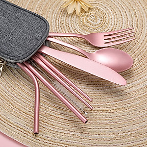 Portable Stainless Steel Flatware Set, Travel Camping Cutlery Set, Portable Utensil Travel Silverware Dinnerware Set with a Waterproof Case (Pink)