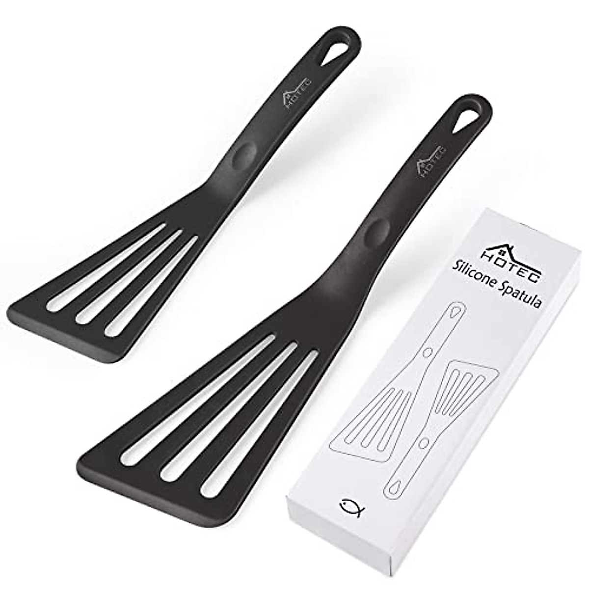 HOTEC Heat Resistant Silicone Slotted Fish Turner Spatula Set Flipper Spatulas for Cooking Non Stick Cookware Strong Dishwasher Safe Black