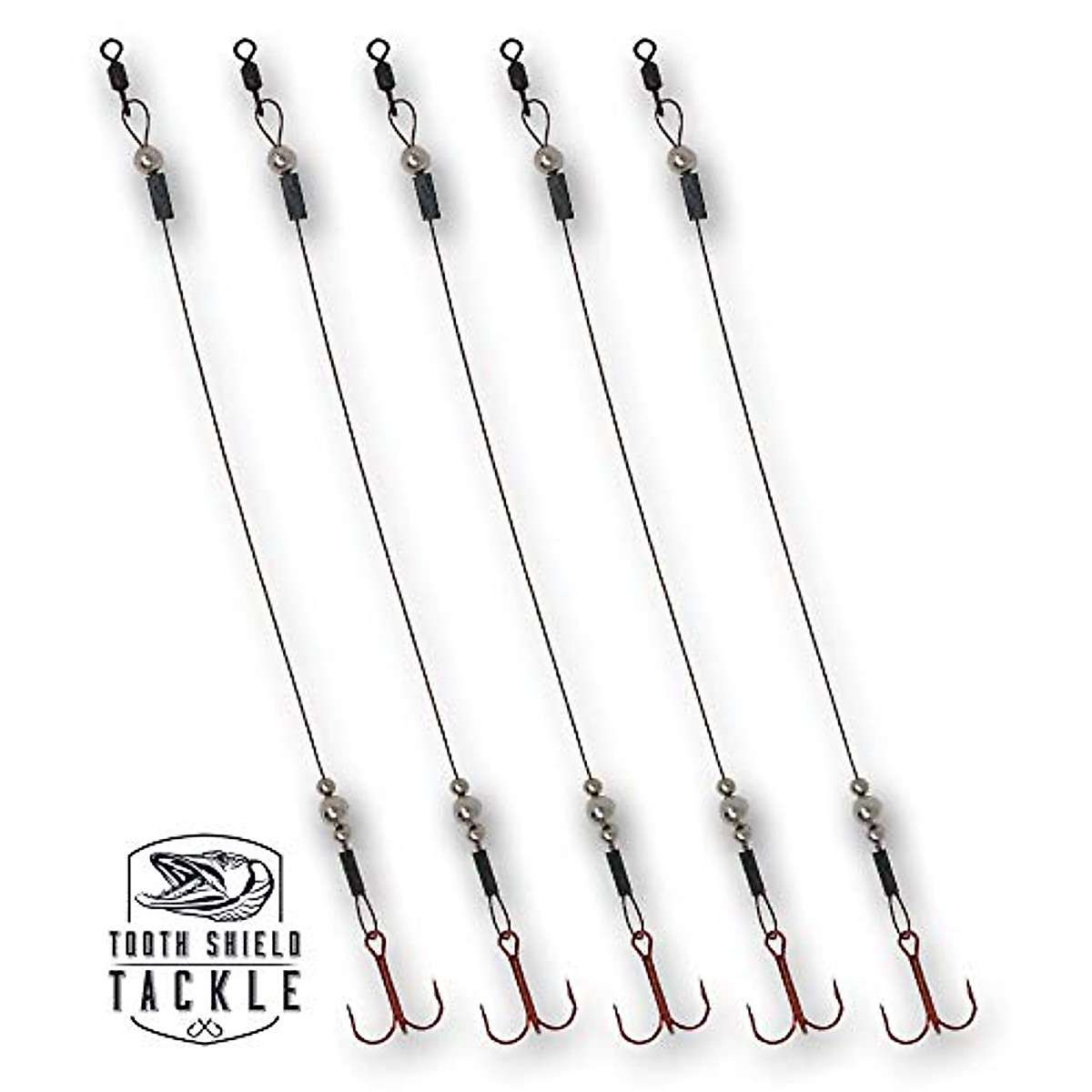 Tooth Shield Tackle Ice Fishing Tip Up Leader/Rig [90 lb] Ice Fishing Sucker Walleye Pike Musky Predator Rig (5 Pack) [Camo Wire/Silver Bead] VMC (Hook Size: 1/0)