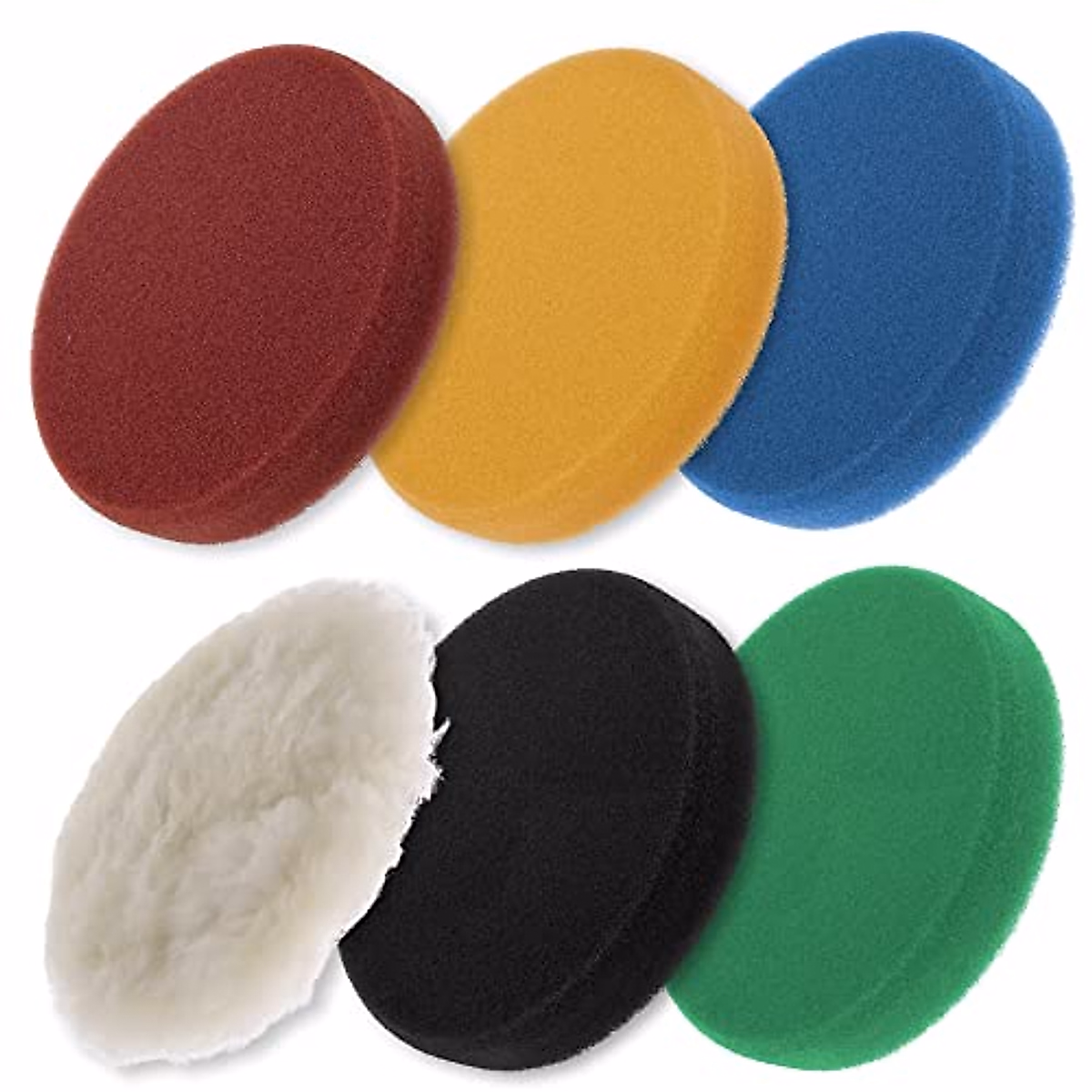 TCP Global 6.5" Flat Foam Dual Action Pad Set, 5 Levels of Foam Pads & 1 Natural Wool Grip Pads - High Performance Brand - Buff, Polish & Detail Car Auto Paint - Boat Gelcoat, Fiberglass Polisher Pads