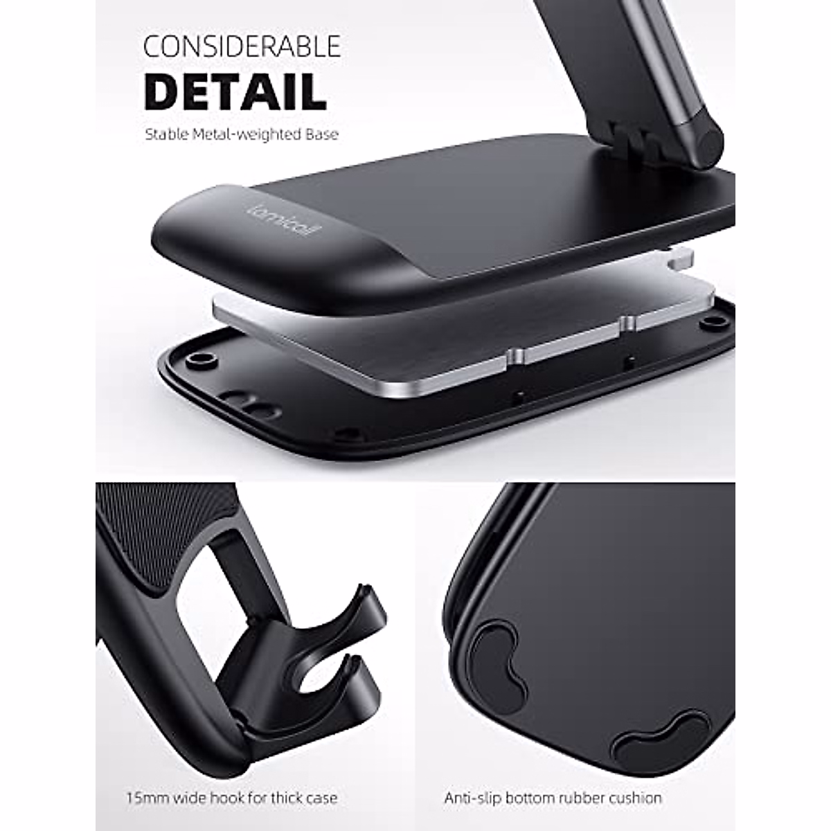 Lamicall Foldable Phone Stand for Desk - Height Adjustable Cell Phone Holder Portable Cellphone Cradle Desktop Dock Compatible with iPhone 13 Pro Max Mini, 12 11 XR X 8 7 6 Plus SE, 4-8'' Smartphone