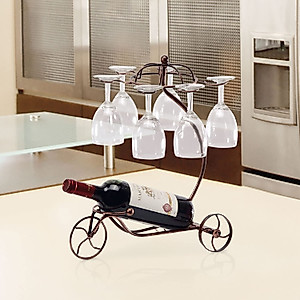 MyGift Vintage Bronze Metal Tabletop Wine Bottle Holder and Wine Glass Rack with Perisian Tricycle Design, Holds Single Bottle and 6 Stemware
