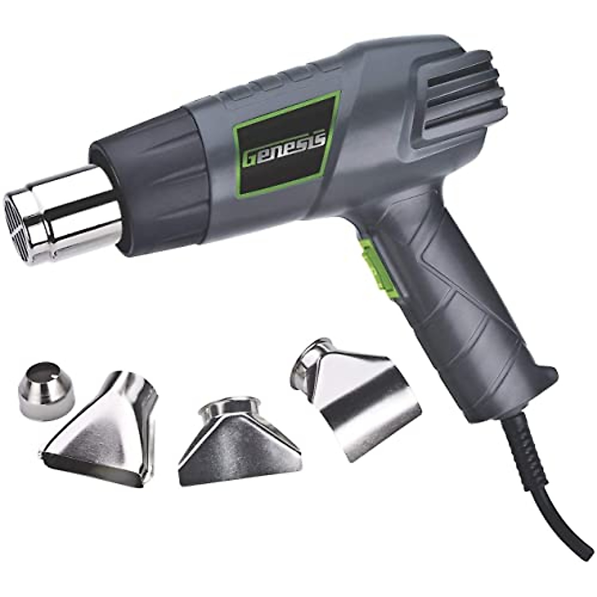 Genesis GHG1500A Dual Temperature Heat Gun Kit With Fast Heat High And Low Settings 572F/1000F, Air Reduction Nozzle, Reflector Nozzle, And Two Deflector Nozzles with 2 Year Warranty