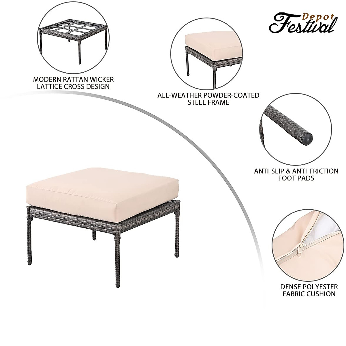 Festival Depot Patio Wicker Ottoman, All-Weather Rattan Sectional Square Footrest Outdoor Furniture with Metal Frame Removable Cushion for Garden Pool Backyard Lawn (Beige)