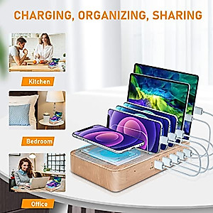 OTESS Fastest Charging Station for Multiple Devices, 5 USB Ports with 1 Qi Charging Pad, 6 Mixed Cable Included, for Apple/AirPods/iPad/Samsung/Android/Tablet