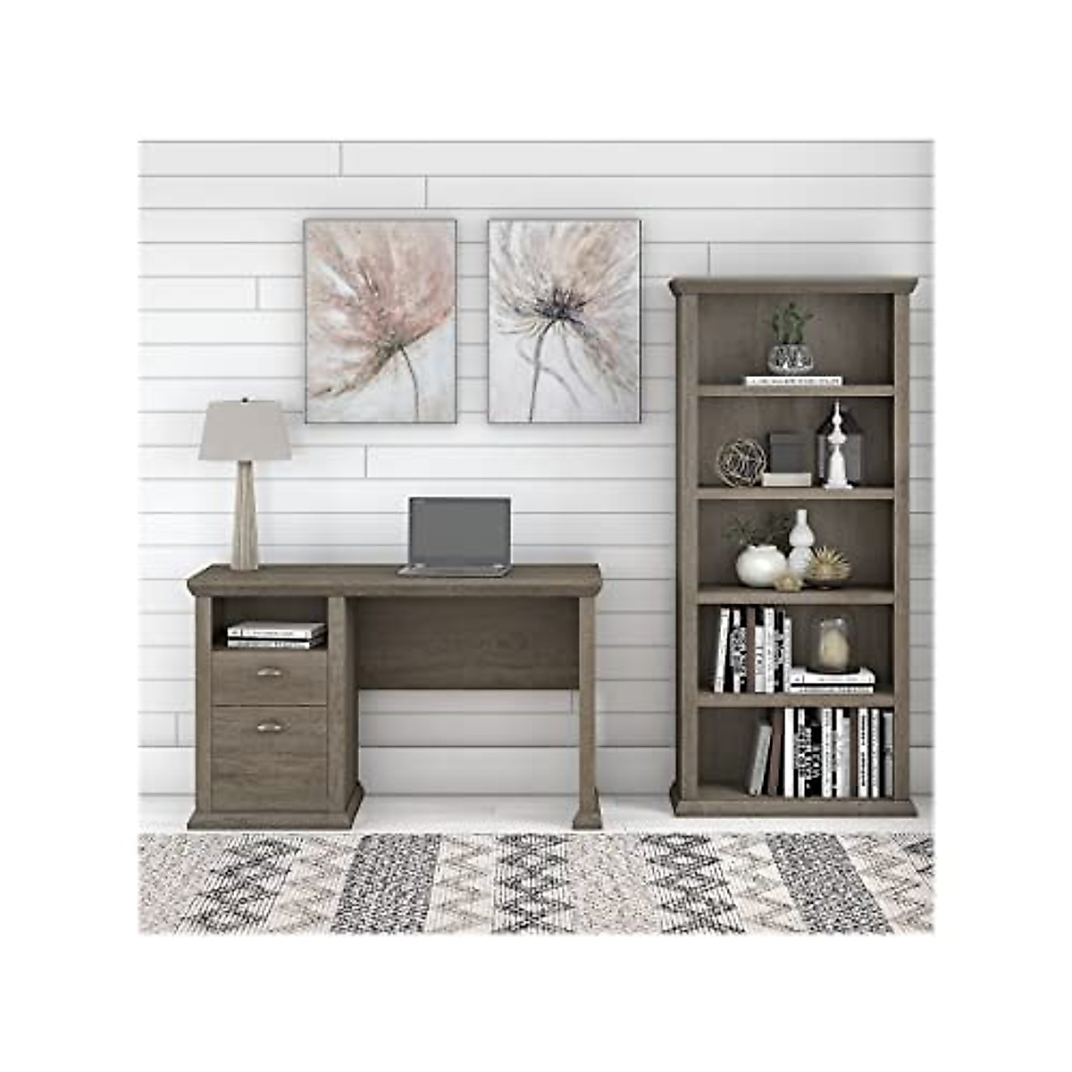 Bush Furniture Yorktown Home Office Desk with 5 Shelf Bookcase, 50W, Restored Gray