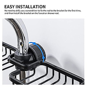 Faucet Sponge Double Holder, Sink Caddy Stainless Steel Faucet Drainage Shelf for Kitchen Sink, Shower Caddy Hanging Bath Shelf Organizer Basket, With Hook Drain Shelf (Black)