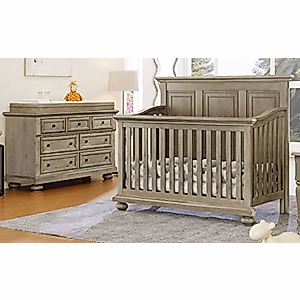 Merax Stone Gray 2 Pieces Furniture, Solid Wood Bedroom Set with 4-in-1 Convertible Crib Changing Topper, 1# Dresser+Bed
