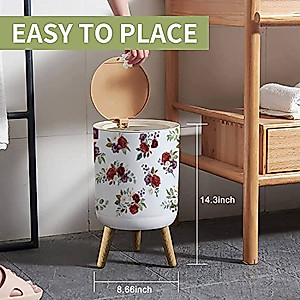 Small Trash Can with Lid Set of floral branch Flower red burgundy purple rose green leaves Garbage Bin Wood Waste Bin Press Cover Round Wastebasket for Bathroom Bedroom Kitchen 7L/1.8 Gallon