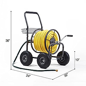 Dulce Domi Hose Reel, Heavy Duty Hose Reel Holds 300 Feet of 5/8" Hose, Durable Garden Hose Reel W/ Powder Coat Finish, Extra Basket Storage Water Hose Reel W/ 10" MAX 20PSI Pneumatic Tires (Grey)