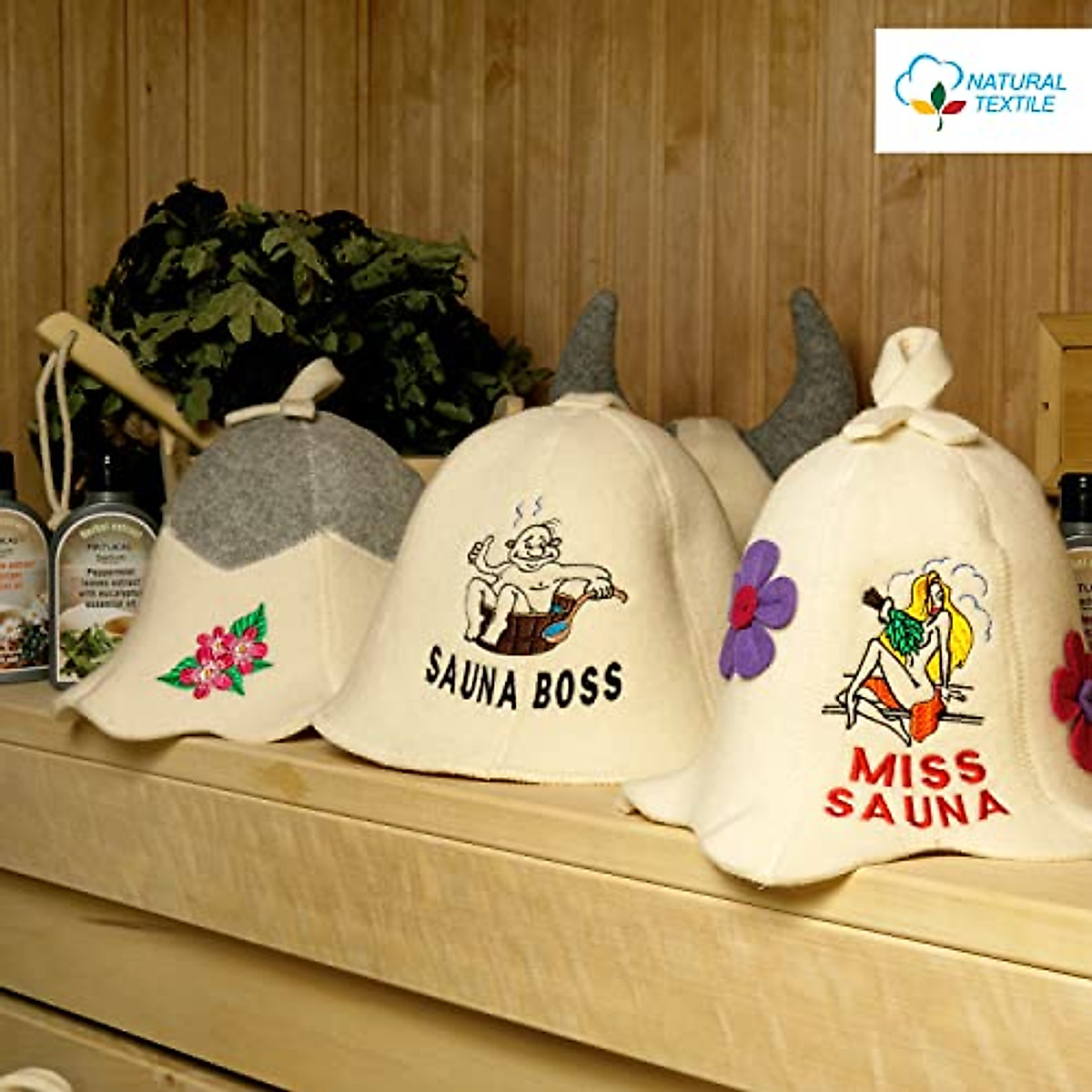 Natural Textile Sauna Hat 'Sauna Boss' White - 100% Organic Wool Felt Hats for Russian Banya - Protect Your Head from Heat - Sauna eBook Guide Included - with Embroidery