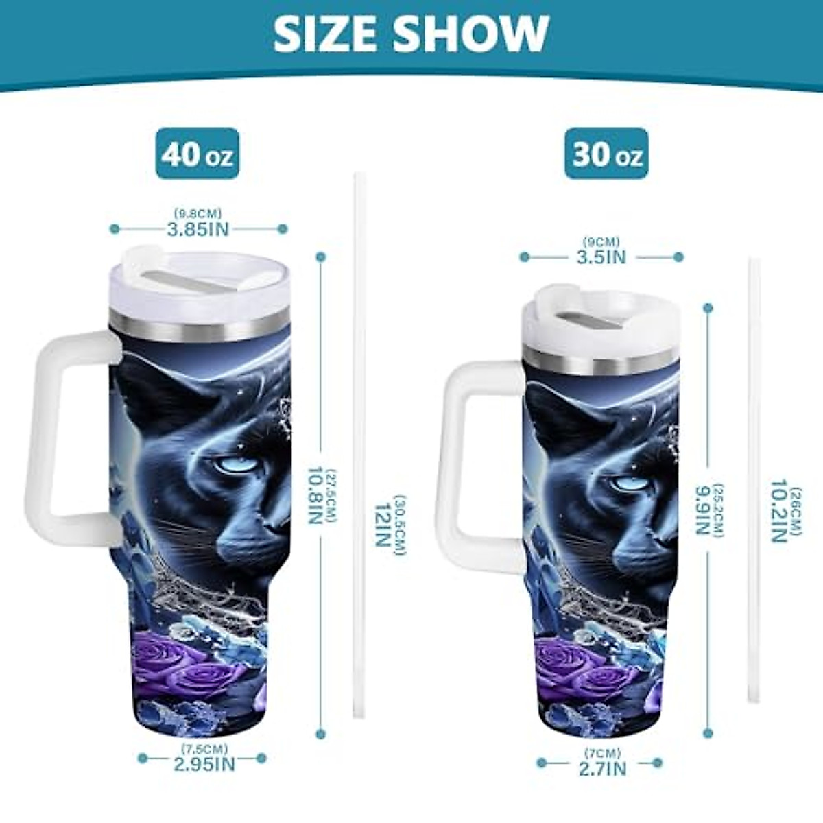 RPLIFE Mystic Panther Purple Rose Travel Coffee Tumbler, Stainless Steel Tumbler, Drinking Cups with Lids and Straws