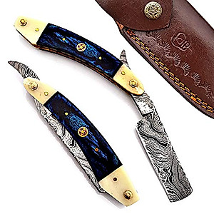 Hand Made Damascus Steel Straight Razor Folding Razor With Shaving Ready Classic Barber Blade Edge, Men Straight Razor, Leather Case + Strop, Close Shave, Great Gift R-17