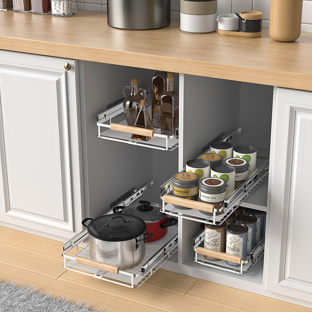 FESDOS Roll-Out Extendable Sliding Basket Pull-Out Cabinet Organizer Slide Out Pantry Shelves Cabinet Shelves for Kitchen, Under Sink, Bathroom, Wardrobe, Opening Size Required 12.3"-18.1", Set of 2