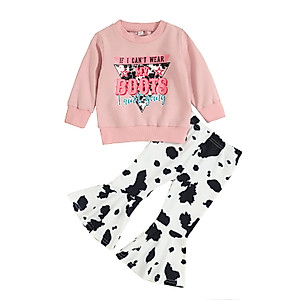 Hnyenmcko Toddler Western Baby Girl Clothes Bell Bottom Outfits Long Sleeve Cowgirl Sweatshirt + Cow Print Pants Fall Outfit (A-Pink, 2-3 Years)