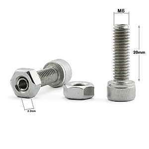PZRT 2pcs Cylindrical Hollow Hexagon Socket Screw 304 Stainless Steel Lamp Threading Screws Through Hole Bolt with Hex Nut M6x20mm