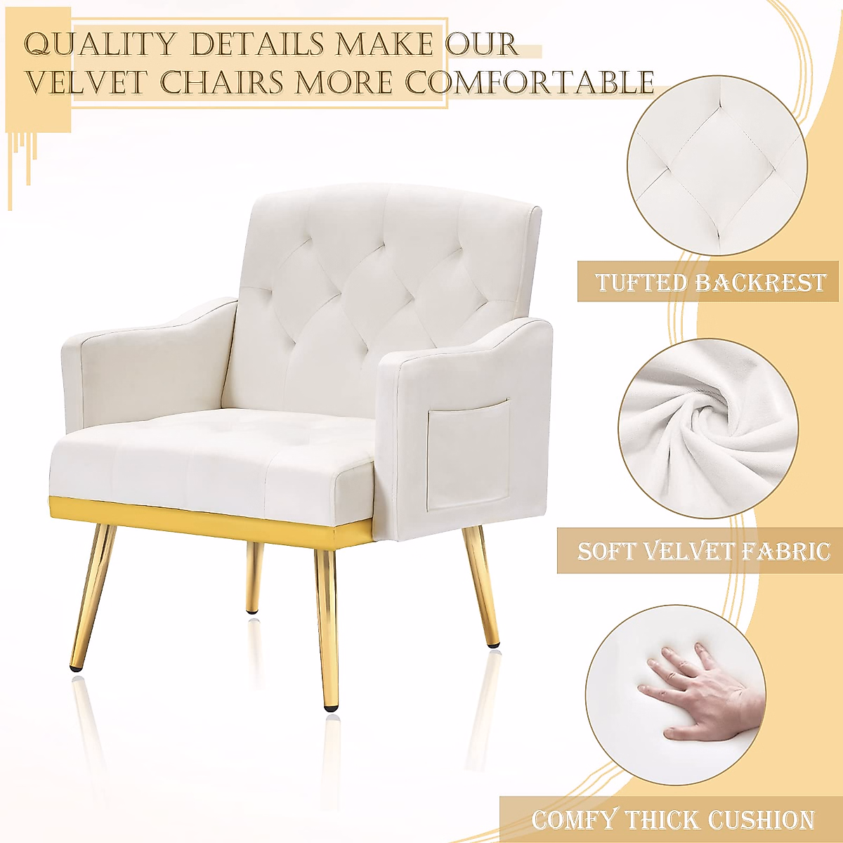 Antetek Upholstered Velvet Accent Chair, Modern Armchair Single Sofa Arm Chair with Golden Metal Legs, Tufted Lounge Reading Chair for Living Room, Bedroom, Office, Light Beige