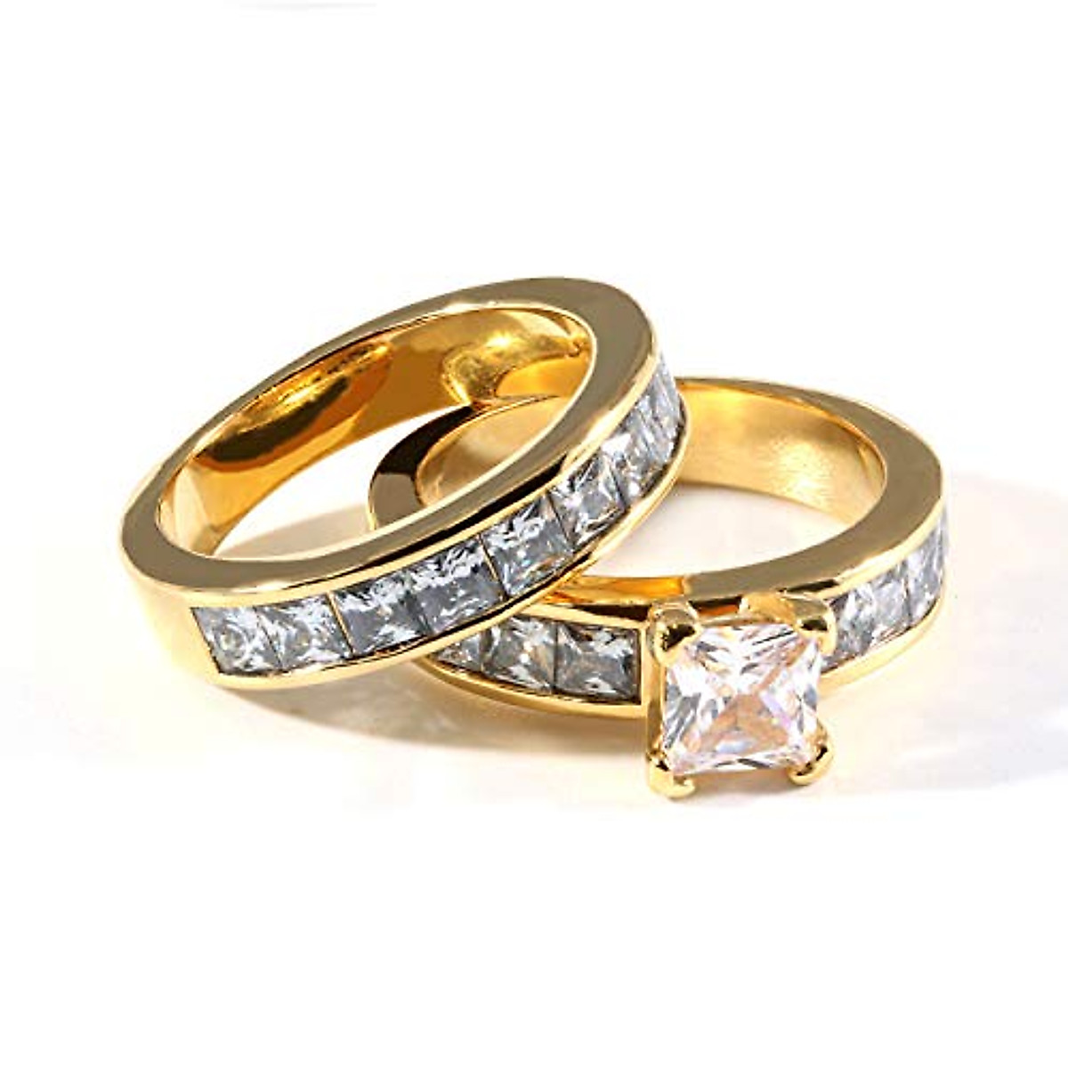 wedding ring set Two Rings His Hers Couples Rings Women's 10k Yellow Gold Filled White CZ Wedding Engagement Ring Bridal Sets & Men's Stainless Steel Wedding Band