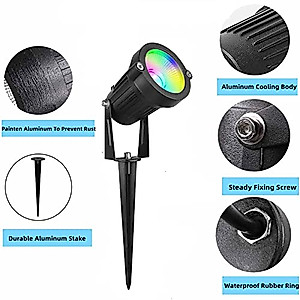 Color Changing Spot Light Outdoor, IP65 Waterproof Yard Spotlights, 12W RGB Christmas Decorate Landscape Lights APP & Remote Control Metal Case Spiked Stand for Houses Garden Trees Flags (2 Pack)