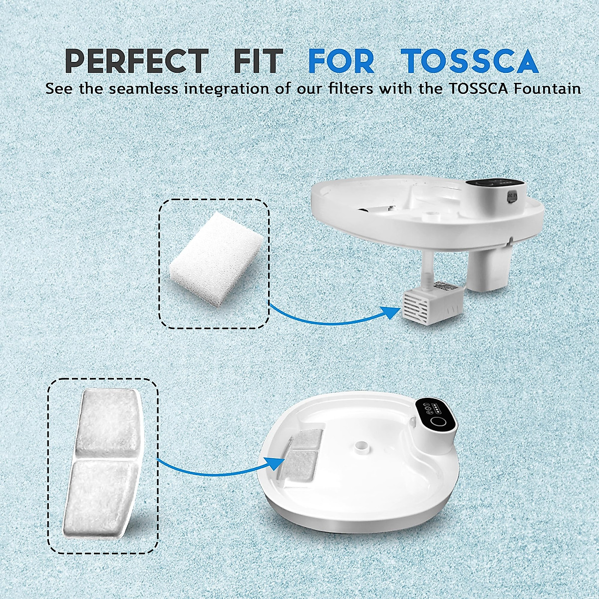 Replacement Filter for Tossca Pet Water Fountain | Advanced Filtration Pack of 6 Filters and 2 Sponges