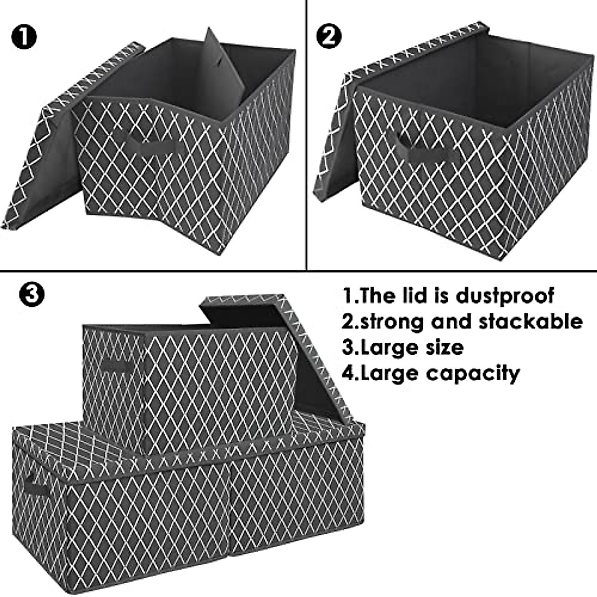 Fabric Storage Bins with Lids, Large Toy Box Chest for Kids Boys Girls, Collapsible Storage Basket Organizer with Handles for Clothes,Books,Closet,Nursery,Shelves,Pantry,14.4x10x8.5 Inch,Set of 3,Gray