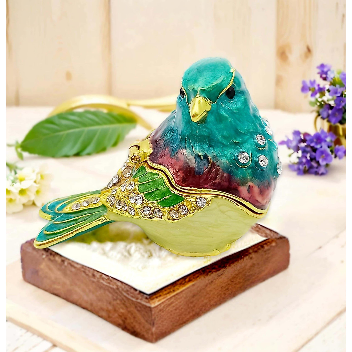 JWT Astyle Turquoise Green Bird Trinket Boxes Hinged ,Bird Decor with Crystals Enamel Jewelry Box.Necklace Ring Box Earrings Storage.Collectible Bird Lover Gifts Figurines Home Decor .