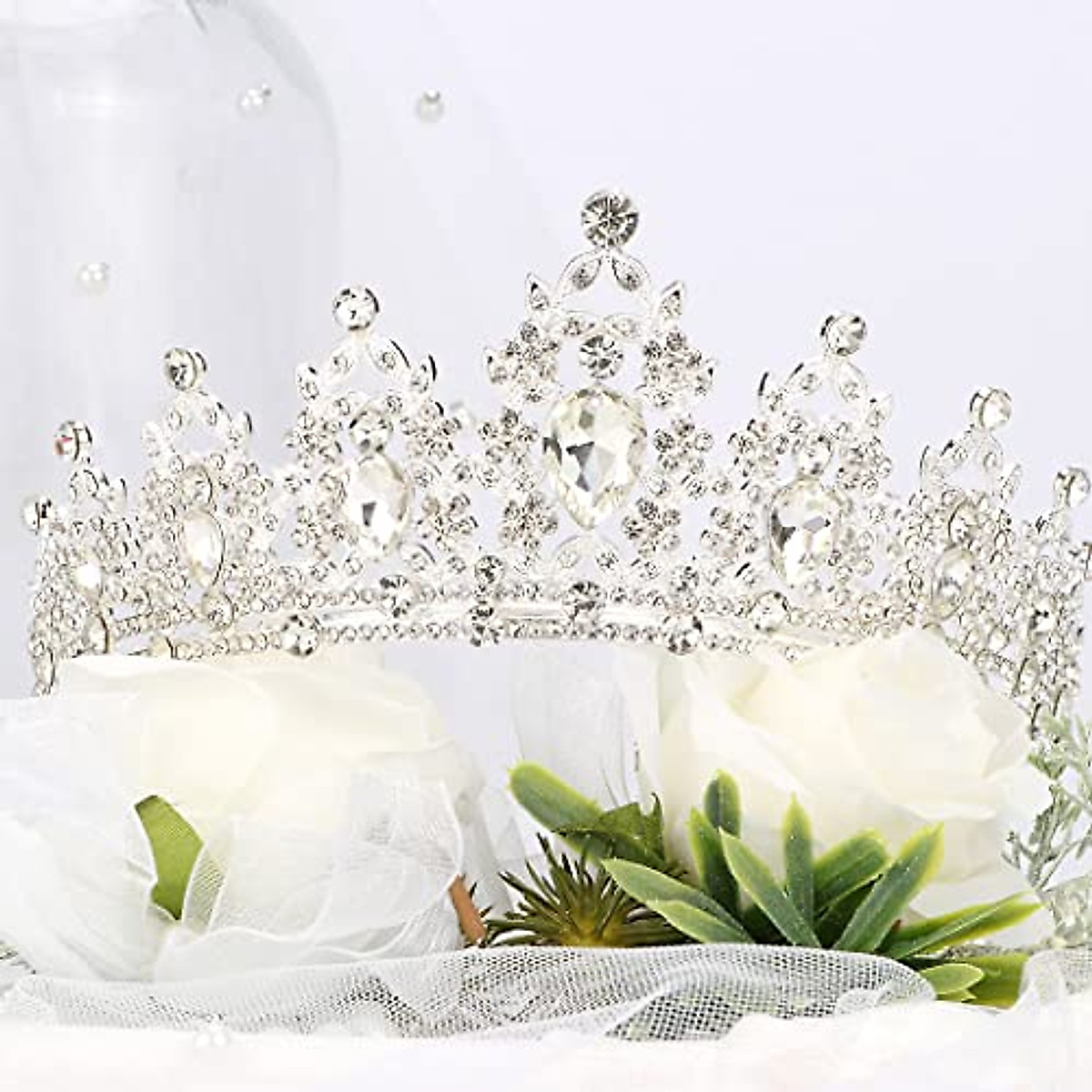 AOPRIE Corsage and Boutonniere Set Artemis Comb Tiara and Crown for Women Bride Flower Wristlet Band Bracelet of Wedding Accessories Man Suit Decorations Favor Gift