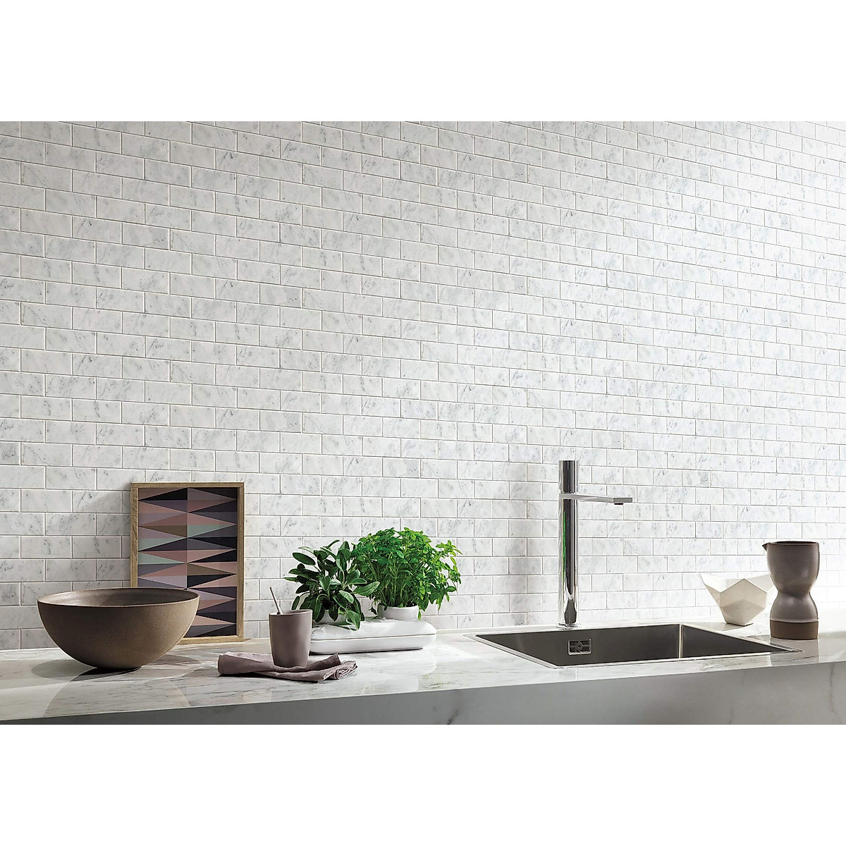 Simple Tile - DIY Peel and Stick Genuine Marble Mosaic Tile for Kitchen and Bathroom Backsplash, Carrara White 2"X4" Big Brick Deep Belveled, 12"X12"X1/4", Polished (Sample 12"X4")