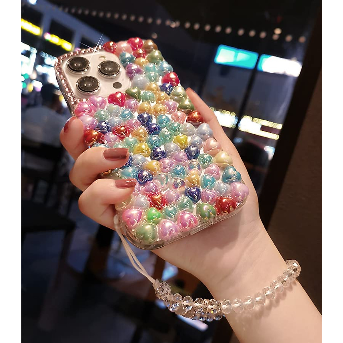 redecarie for Galaxy S9 Plus Case,Women Girls Kids Love Pearl Luxury Crystal Rhinestone Bling Glitter Diamond Bumper Clear Phone Cover with Wrist Strap for Samsung Galaxy S9 Plus